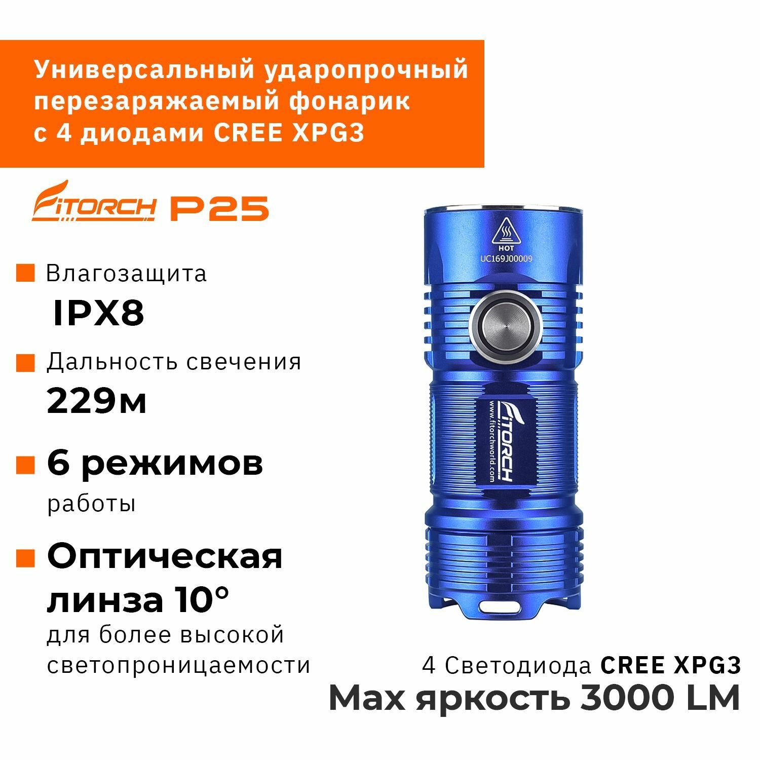 Фонарь FiTorch P25 универсальный компактный (акум. с USB) синий
