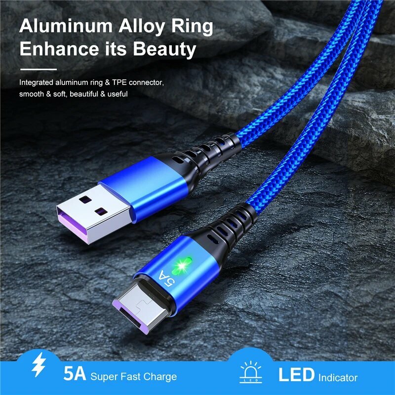 Синий Micro USB кабель 2 м, 5A, для Android — фото 1