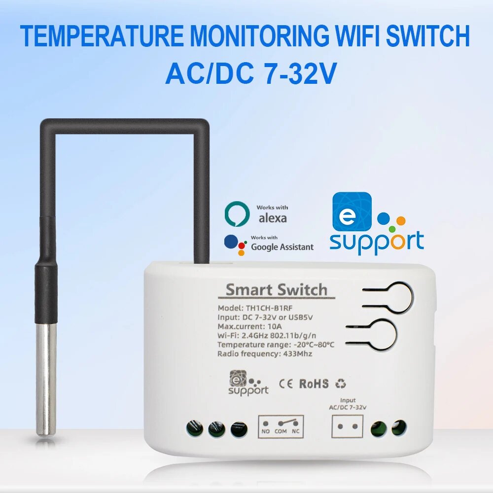 Умный WiFi реле с датчиком температуры AC/DC 7-32V