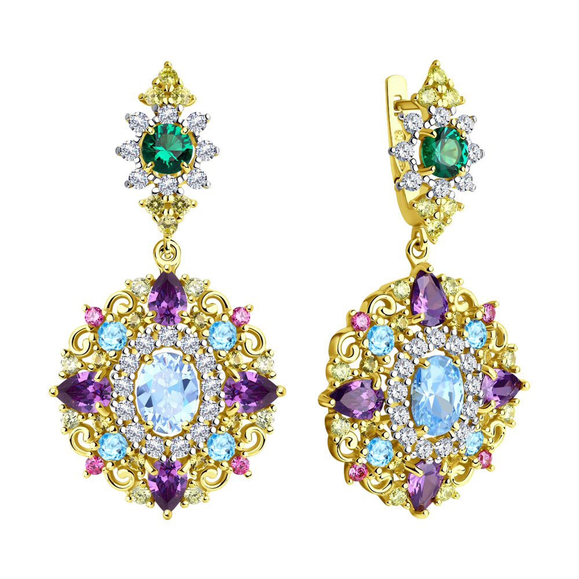 Серьги, серебро, 925 проба, золочение, фианит