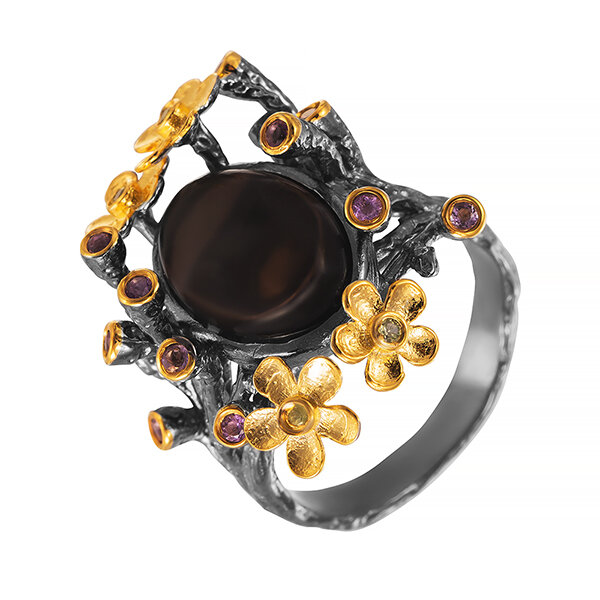 Кольцо, серебро, 925 проба, аметист, перидот, раухтопаз
