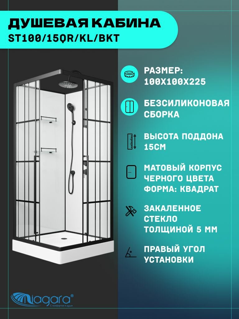 Душевая кабина Niagara Standart ST100/15QR/KL/BKT (100х100х225) низкий поддон(15см), черный, стекло прозрачное,3 места