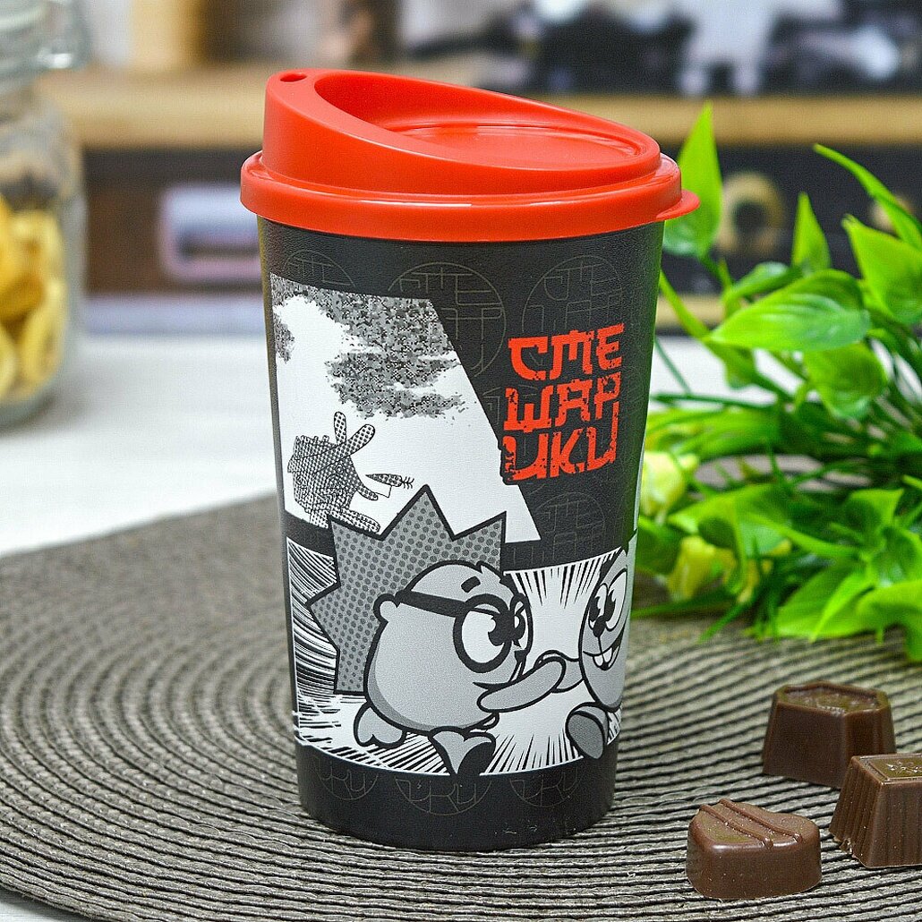 Стакан 400мл с крышкой, черный/красный, пластик, серия 'Смешарики', для детей