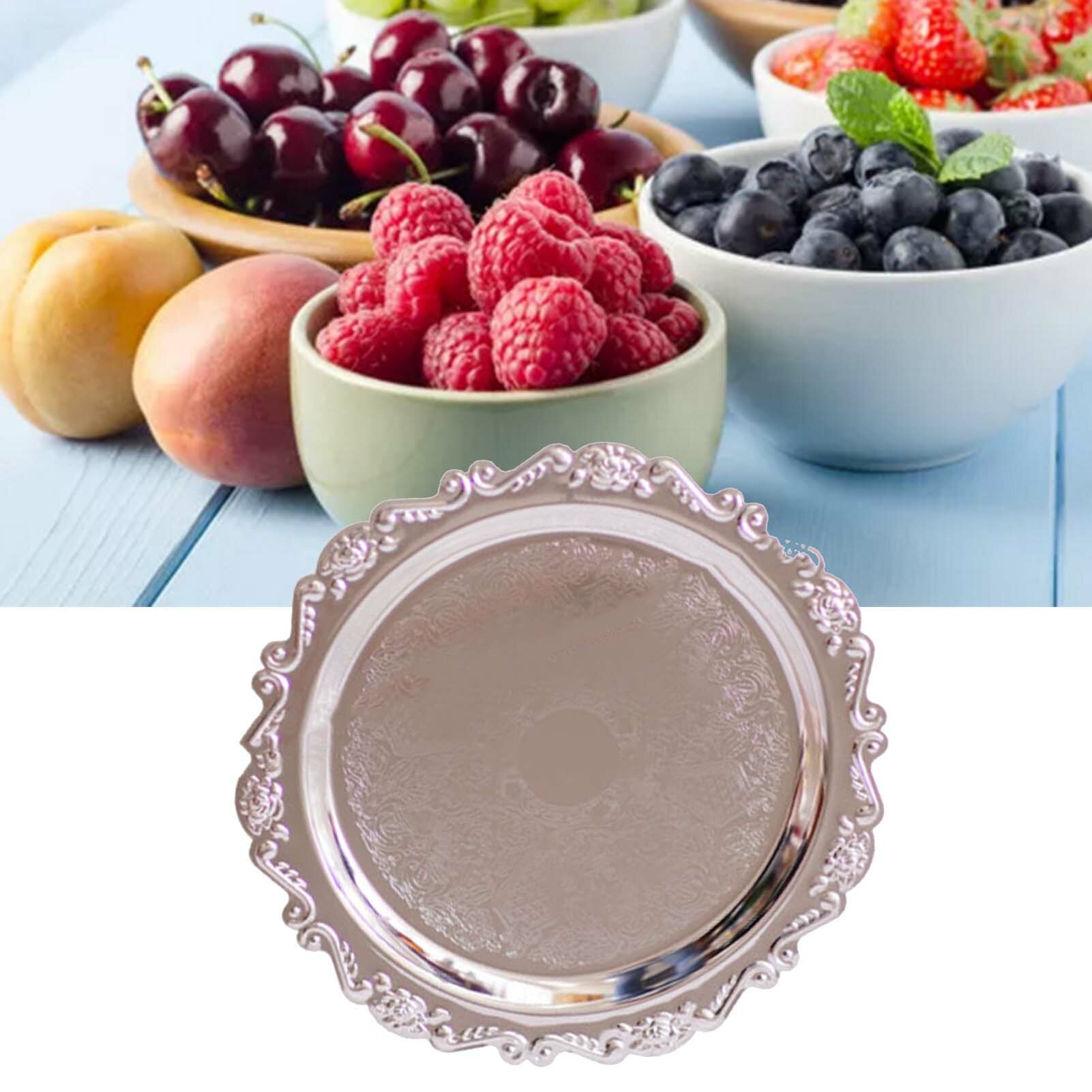 Круглая тарелка с фруктами, металлическая сервировочная тарелка, десертный торт, декоративный диск для свадьбы, праздника, вечеринки, серебро S