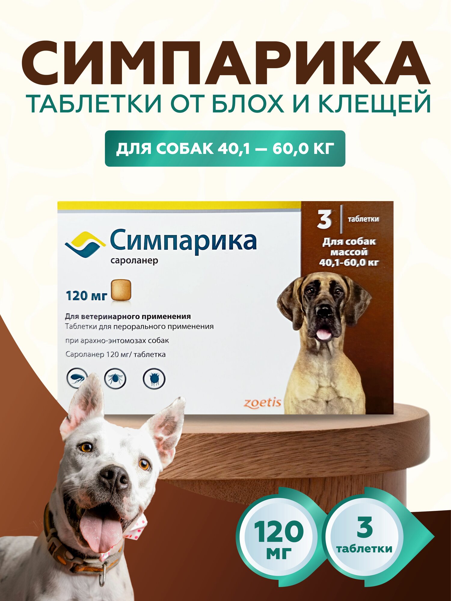 Симпарика, таблетки от блох и клещей, для собак, 40.1-60 кг, 120 мл