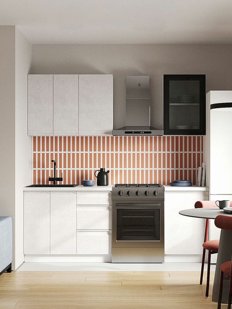 Кухонный гарнитур Велюр 150 см, мебель для дома и кухни, Белый / Бетон снежный / Черный, стекло