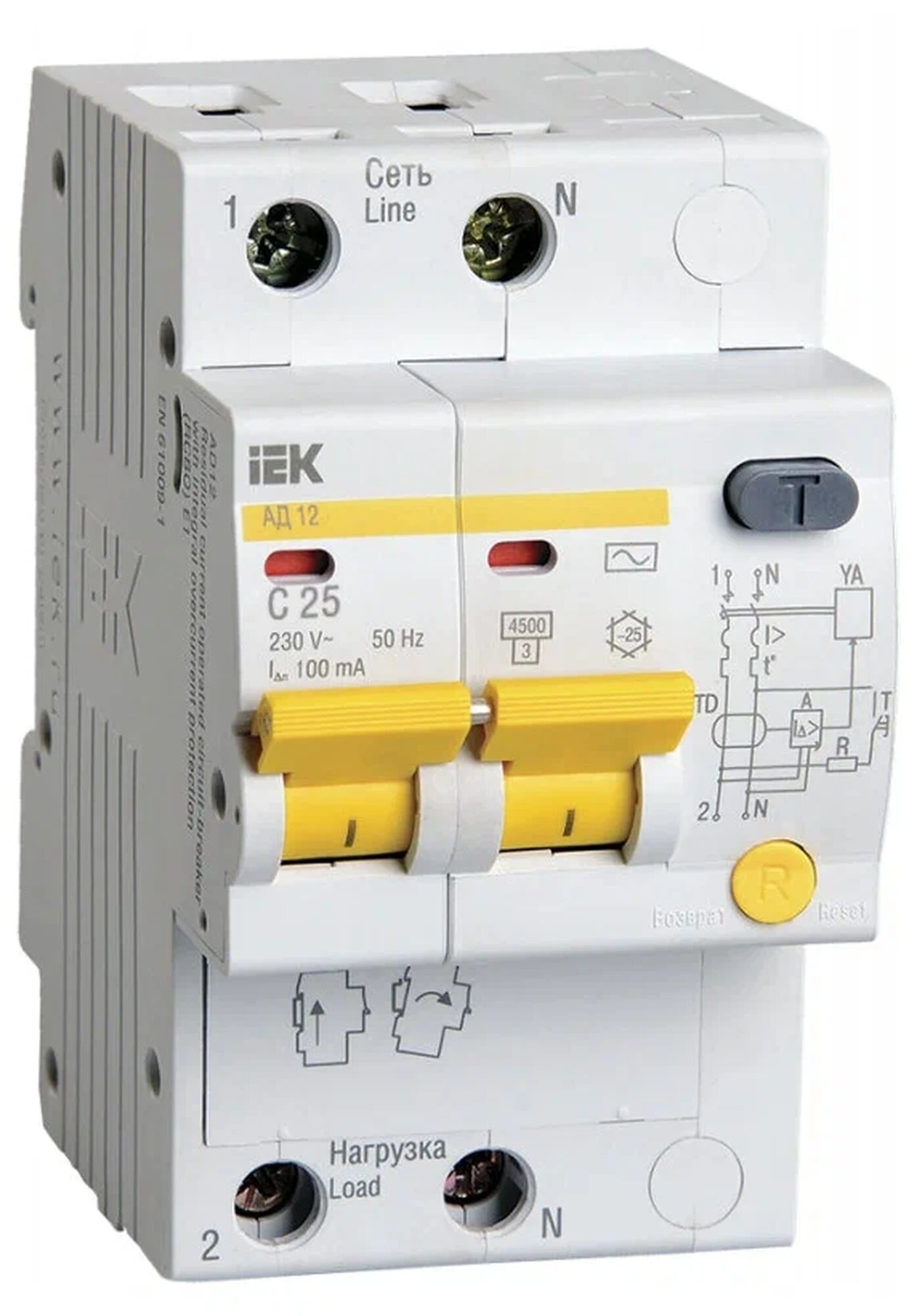 Дифференциальный автомат IEK 2п C 25А 100мА тип AC 4.5кА АД-12, MAD10-2-025-C-100