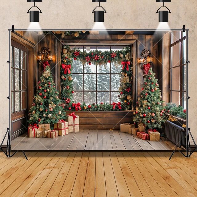 Рождественские арки, двери и окна, сверкающие венки, елочные украшения для детских и семейных праздников — фон для фотосъемки