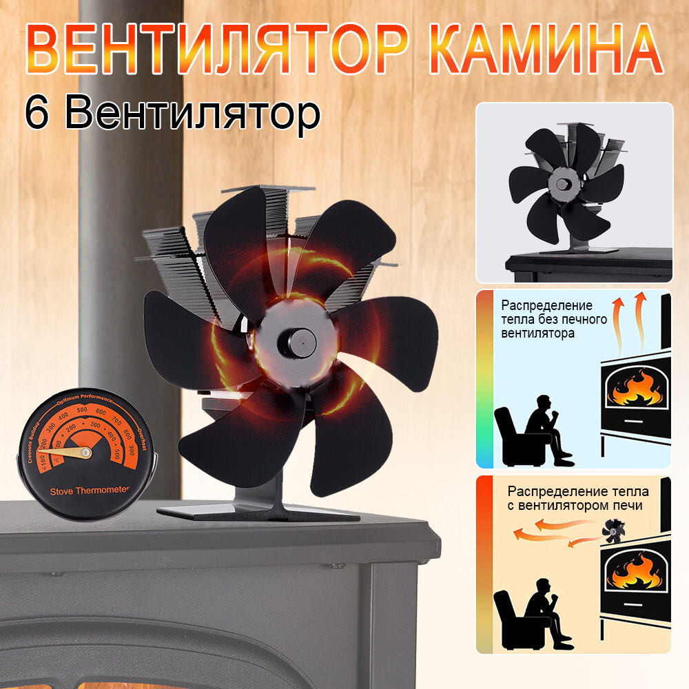 6-лопастный каминный вентилятор, бесшумный, с термометром и теплоизоляционной плитой