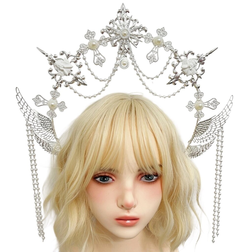 Головной убор Папы Римского с Нимбом Богородицы-Серебряные крылья, Повязка С Жемчужной Кисточкой На голове