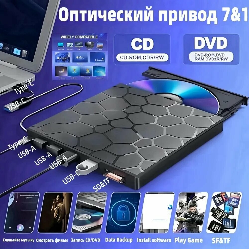 Внешний CD/DVD-привод для ноутбука, DVD-плеер для ноутбука, Ультратонкий портативный USB 3.0 8 в 1, внешний дисковод для записи DVD/ CD, плеер и записывающее устройство CD/VCD/DVD