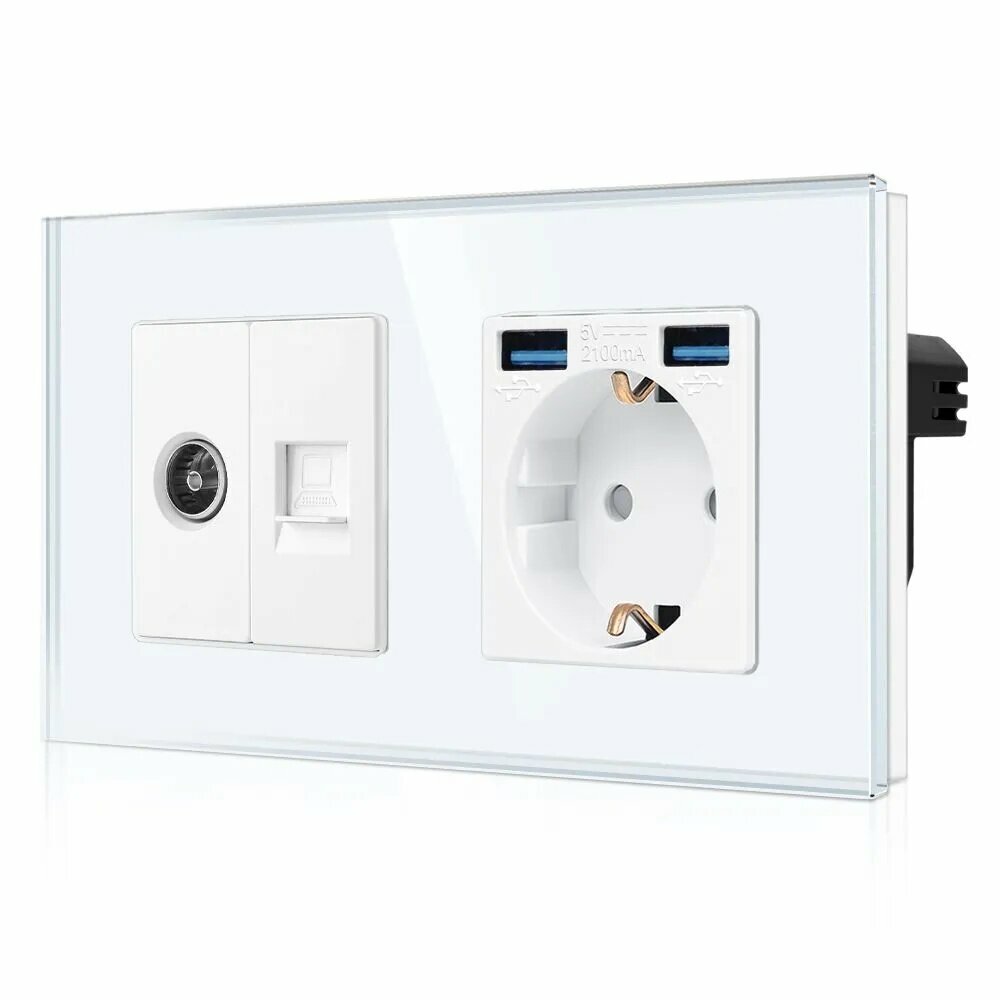 Настенная розетка TV PC с интерфейсом USB, Розетка электрическая 220В, Стеклянная рама, белая