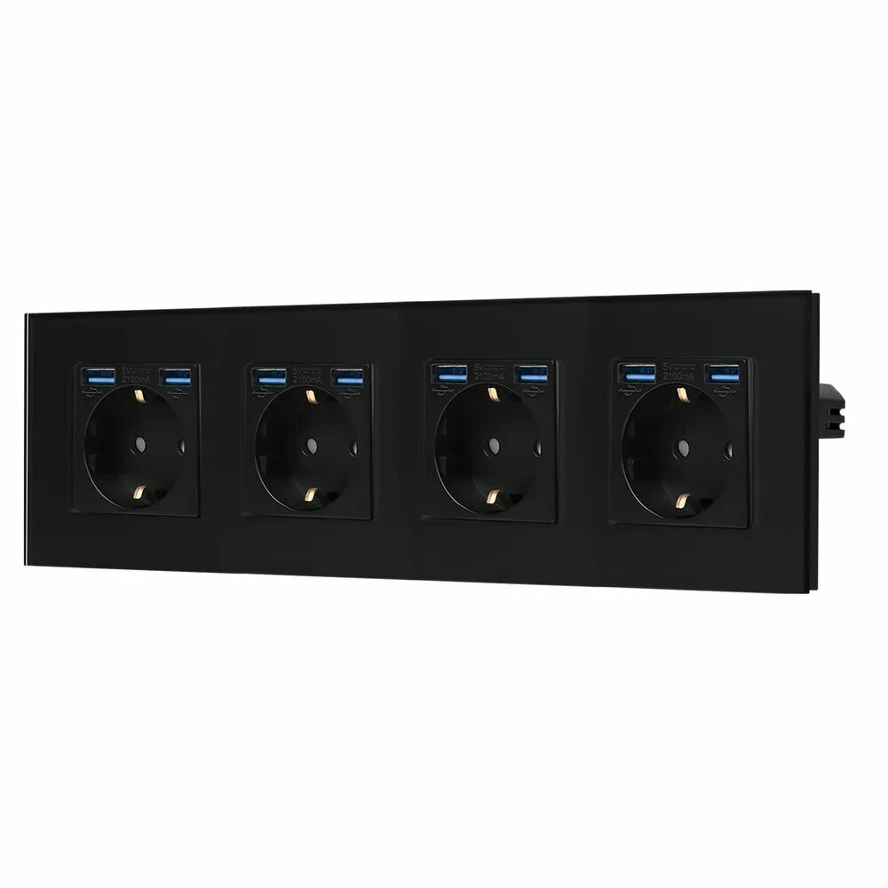 Розетка с usb встраиваемая 4-стойка 16А + 2 USB на 2,1А в стеклянной черный рамке для стандартного круглого подрозетника,1шт