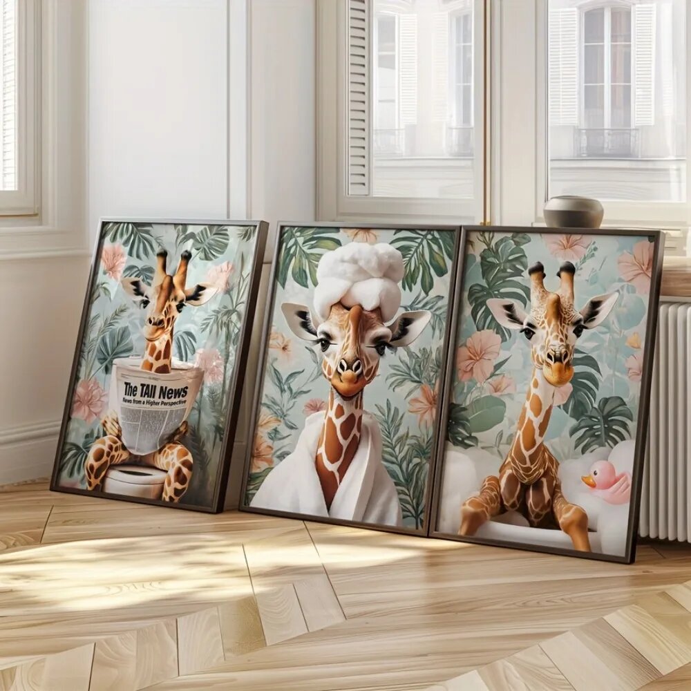 Набор из 3 постеры Жирафы в ванной, 50x75 см, без рамки