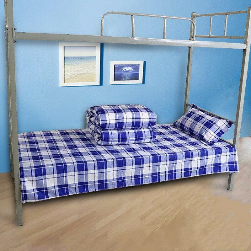 ✅ Оптовый комплект постельного белья из трех предметов для студенческих общежитий и отелей, синий в клетку, армейский