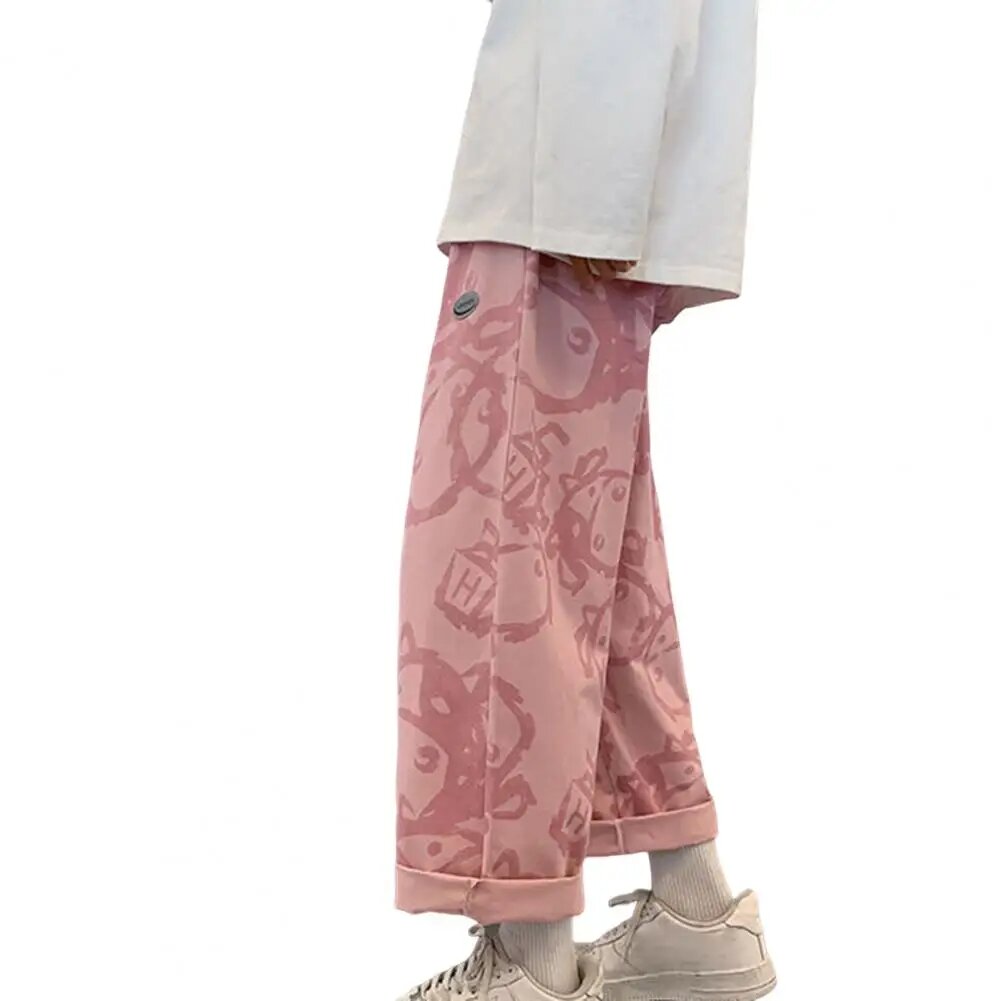 SANWOOD Мужские прямые брюки с мультяшным принтом L, Розовый, Розовый