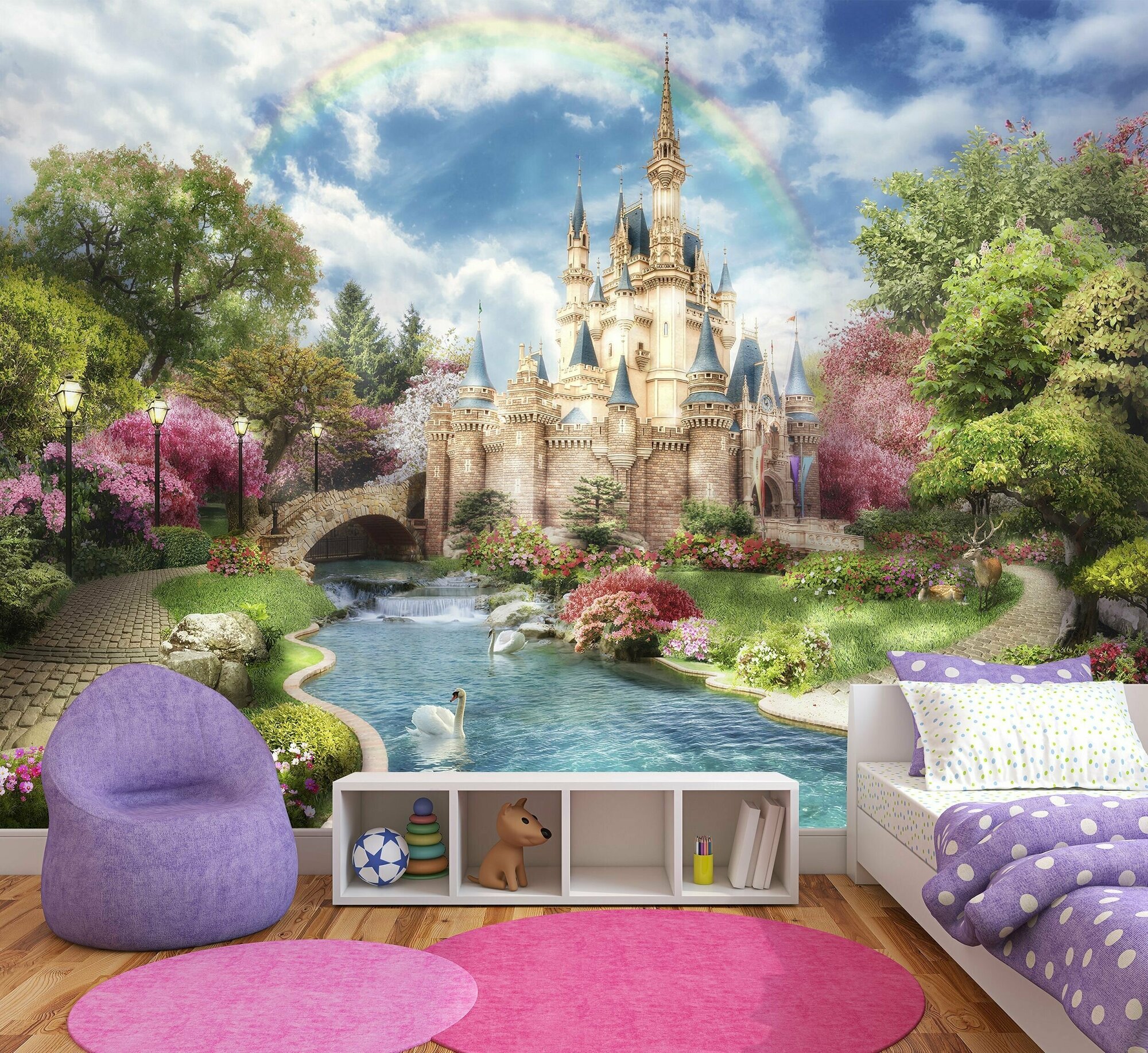 Фотообои флизелиновые 400х290см. на стену. Серия KIDS ARTDELUXE. Сказочный замок с животными. Обои дизайнерские, эксклюзивные для детской комнаты.