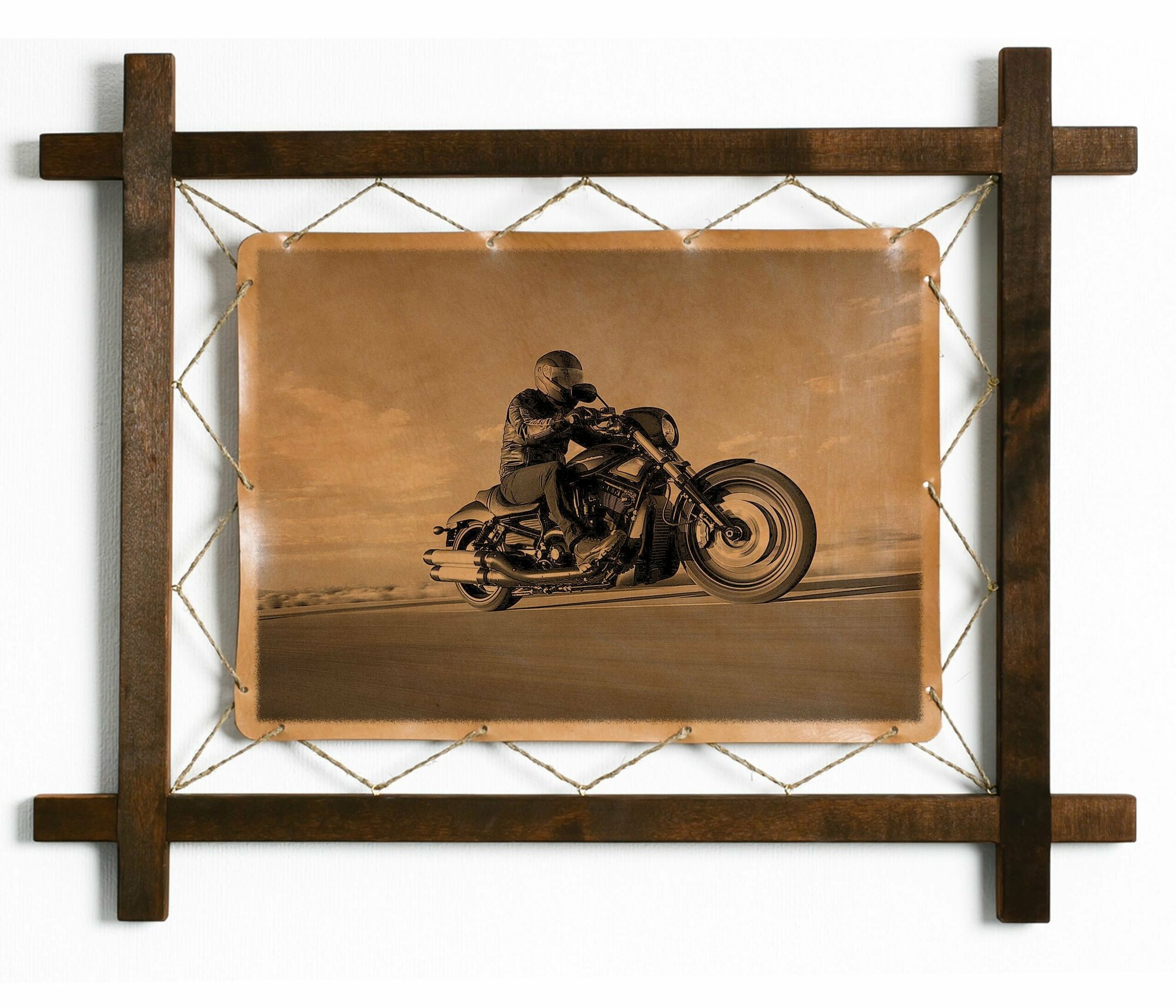 Картина интерьерная, натуральная кожа, "Мотоцикл", в деревянной раме, BoomGift