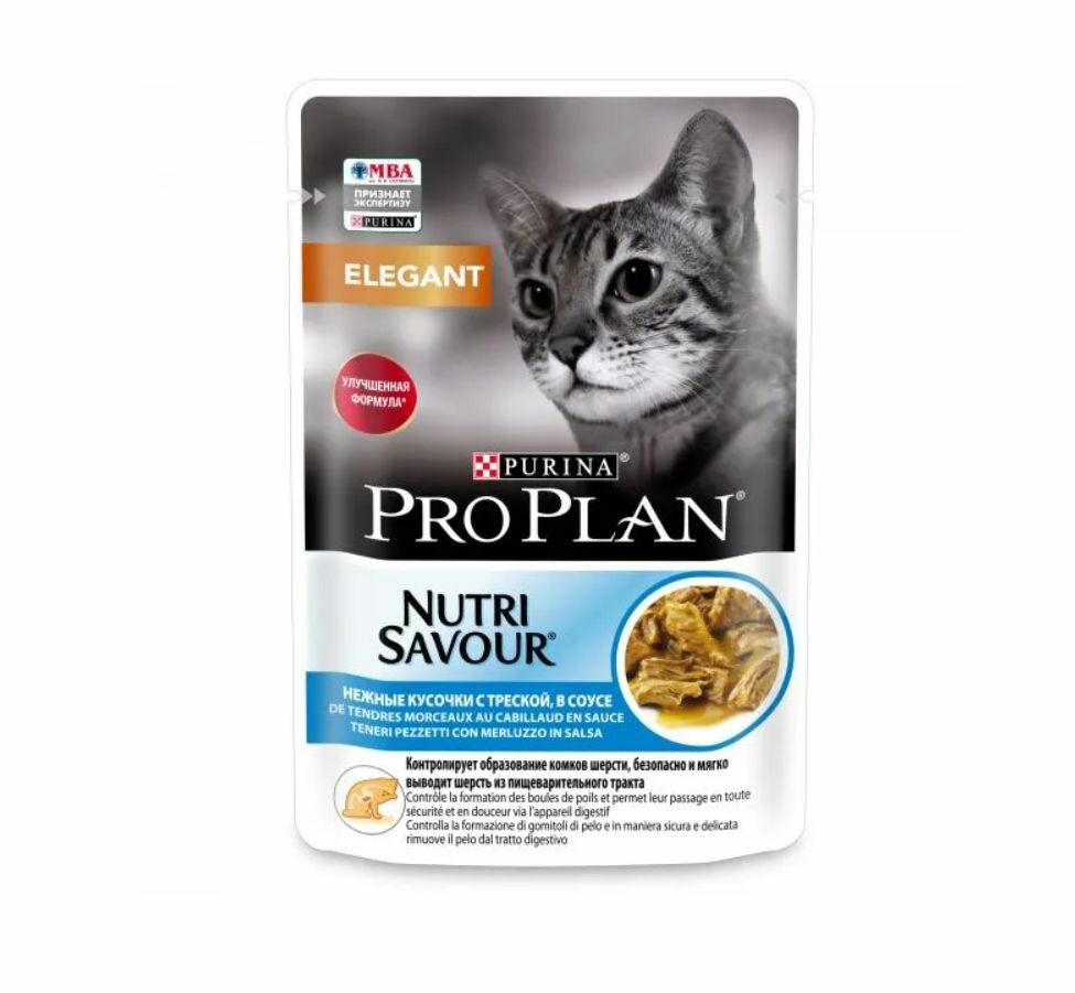 Pro Plan пауч влажный корм для взрослых кошек с чувствительной кожей, нежные кусочки с треской, в соусе,85 г