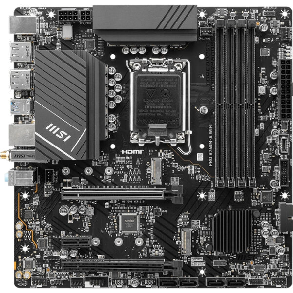 Материнская плата MSI PRO B760M-A WIFI, LGA1700, Intel B760, 4xDDR5, 4xSATA, 2xM.2, 2xPCIe x16, 1xPCIe x1, DisplayPort, HDMI, 1x2.5Gb LAN, 3x3.5 мм, 7