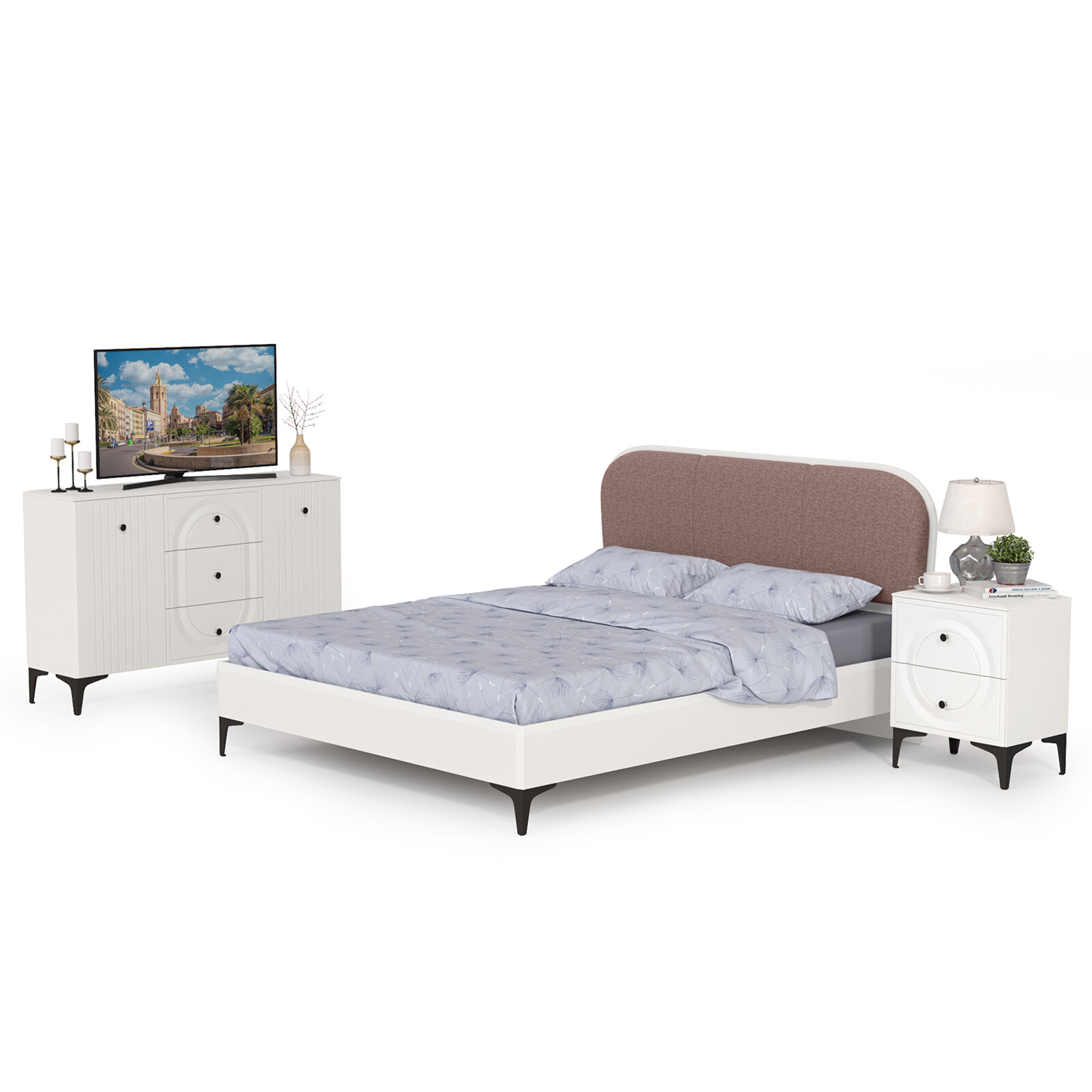 Валенсия кровать с мягкой спинкой и ортопедическим основанием 11600 с тумбочкой и ТВ тумбой-комодом, цвет белый шагрень