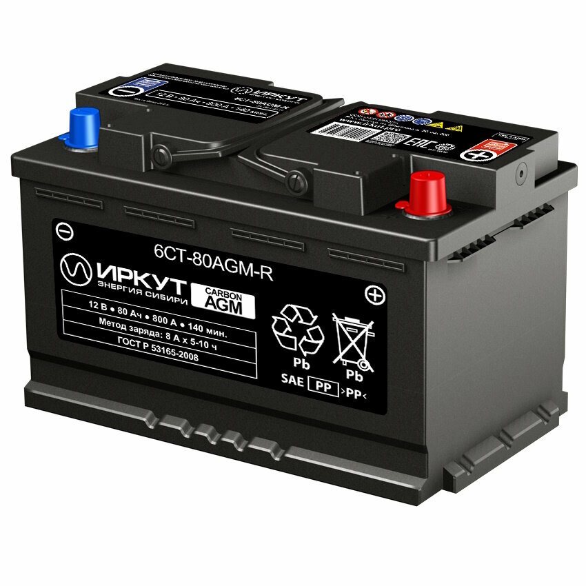 Авто аккумулятор иркут AGM 80R (12В 80Ач 800А 315х175х190мм) обр. пол.