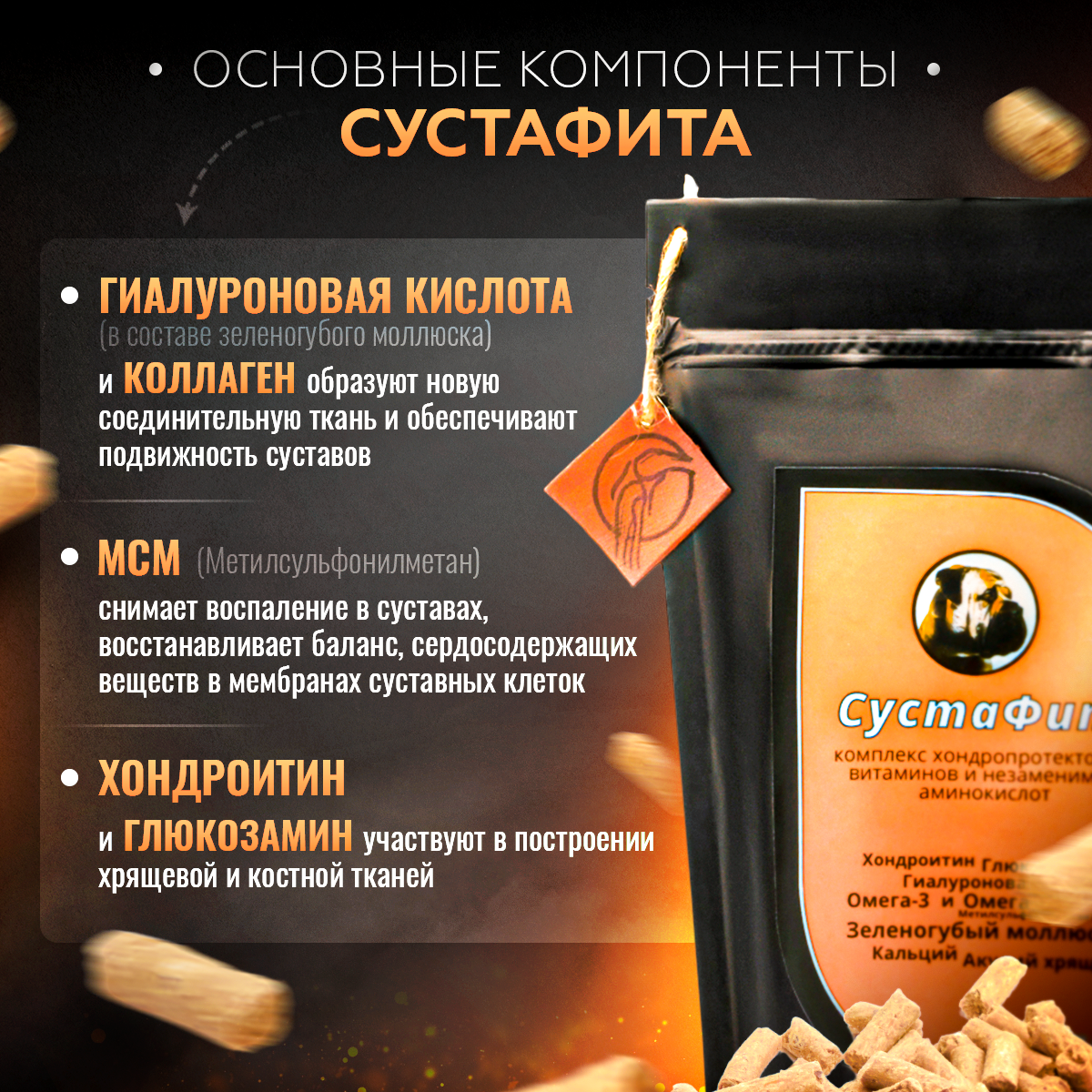 СустаФит, 200гр, кормовая добавка, хондропротектор для здоровья и подвижности суставов собак содержит ГАГ, МСМ, Глюкозамин, Хондроитин, Коллаген — фото 1