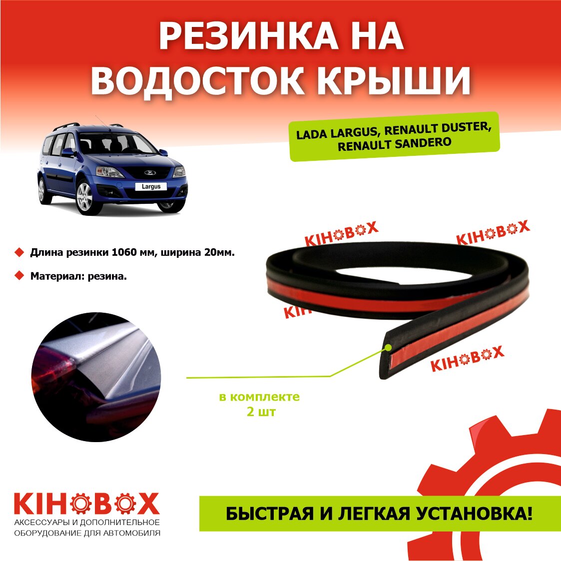 Резинка уплотнитель на водосток крыши Лада Ларгус, Рено Дастер, Сандеро, 2 шт - Tolplastik