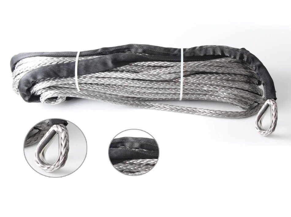 Синтетический трос для лебедки 6 мм — 15 м, Dyneema 12-прядный, серый, без крюка, разрыв 2500 кг
