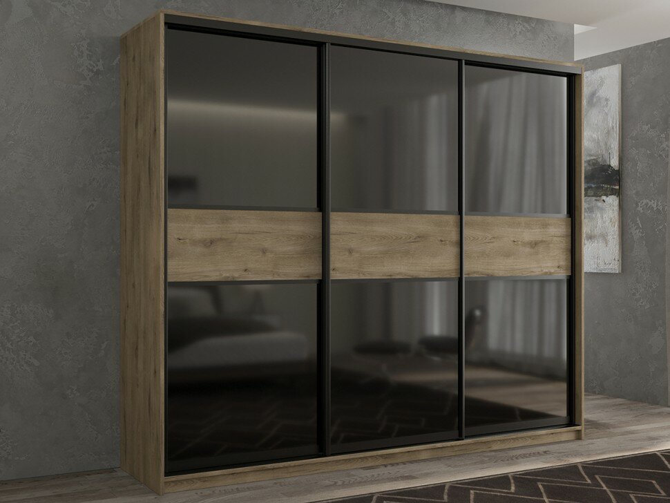 Шкаф купе Кастелло 3 Нью, Оракал черный, МФ-Купе, 240х60х220, платье/белье/платье, цвет дуб крафт золотой