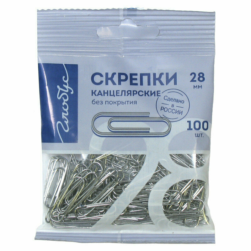 Скрепки 28мм Globus 100шт, пакет с европодвесом, 328912