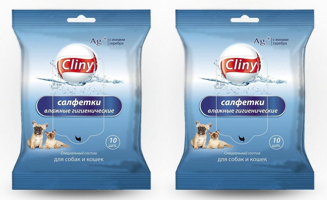 Экопром Салфетки влажные гигиенические Cliny для собак и кошек 10 шт/уп, 2шт.