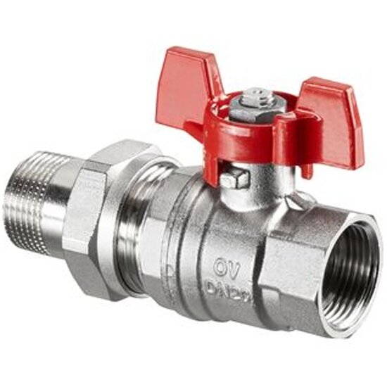 Кран шаровой Oventrop Optibal, полнопроходной, DN-32, 1 1/4", НВ, PN, бар-16, ручка-бабочка, латунь, никелированный, с ниппелем и НГ