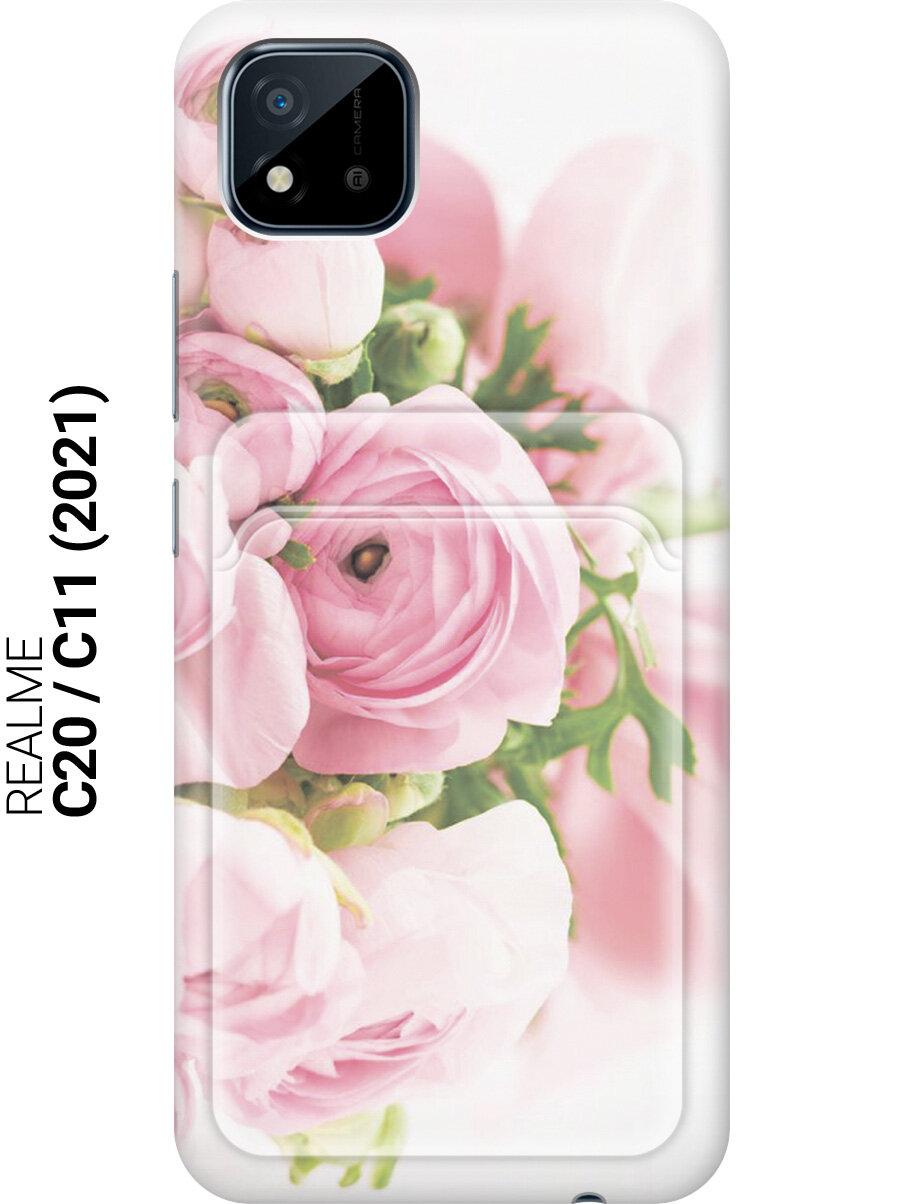 Чехол с карманом для карт на realme C20 / C11 (2021) / Рилми С20 / С11 (2021) с принтом "Розовые розы"
