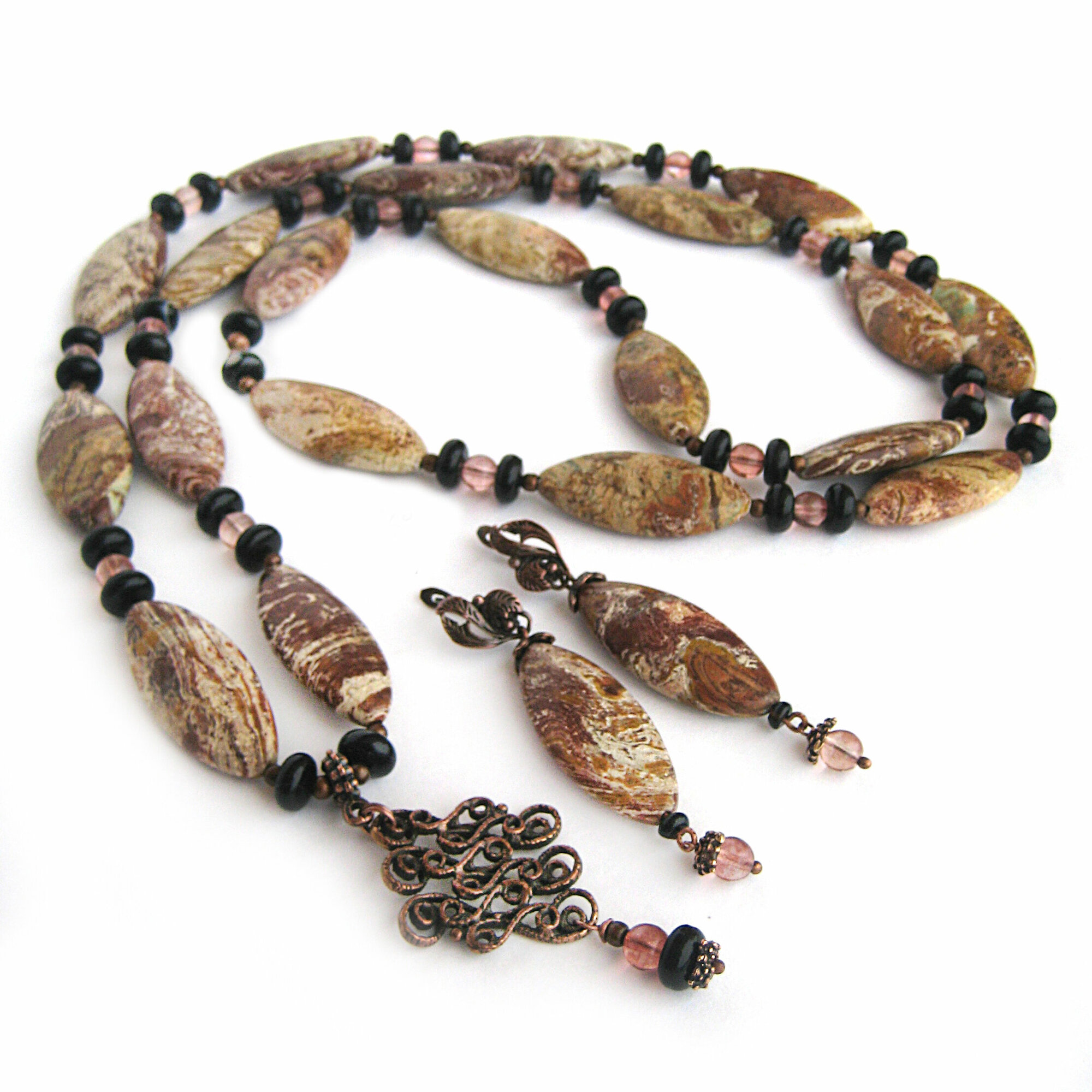 Комплект бижутерии: колье, серьги, металл, агат, кварц, яшма