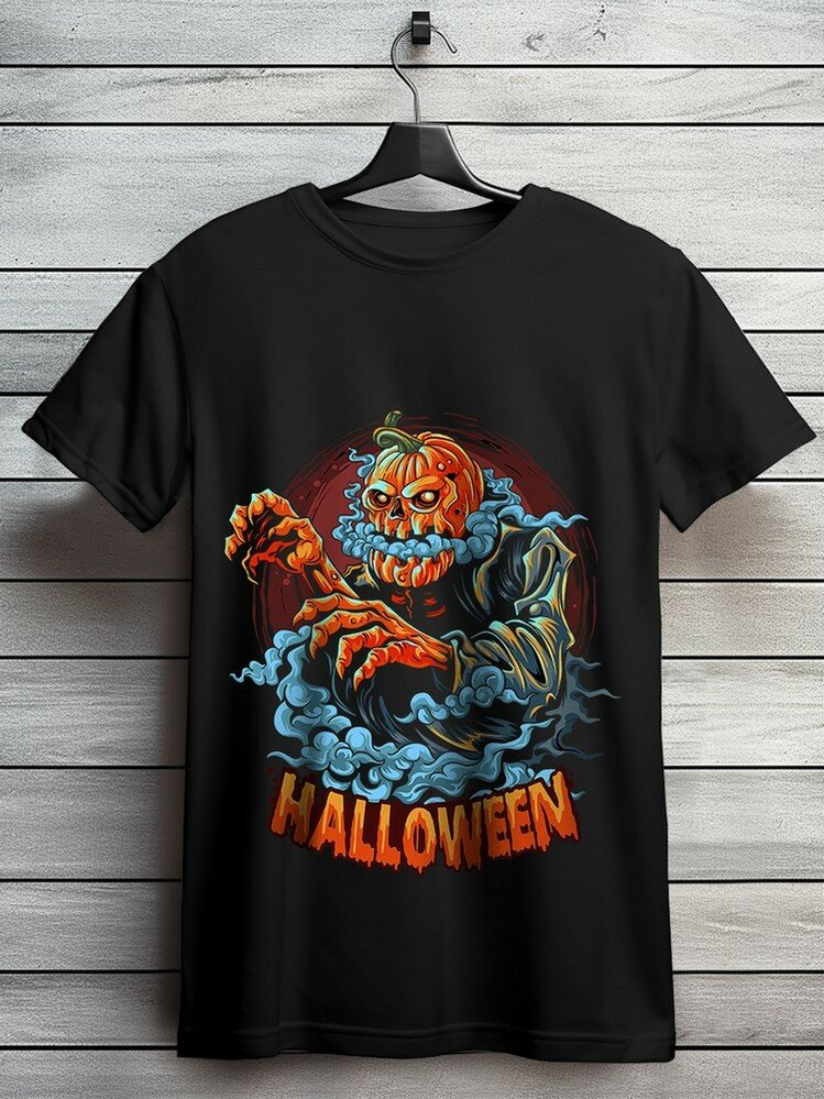 Футболка Футболка унисекс черная из хлопка с DTF принтом хеллоуин тыква (мишка, Helloween, хоррор, осень) - 8437