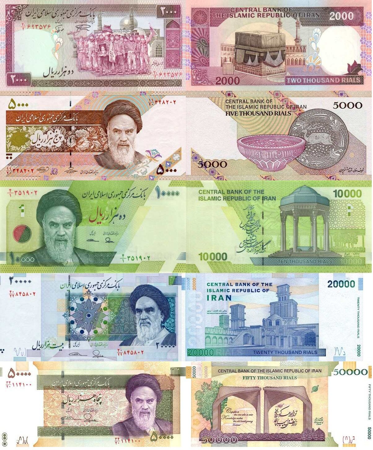 Комплект банкнот Ирана, состояние UNC (без обращения), 1986-2018 г. в.