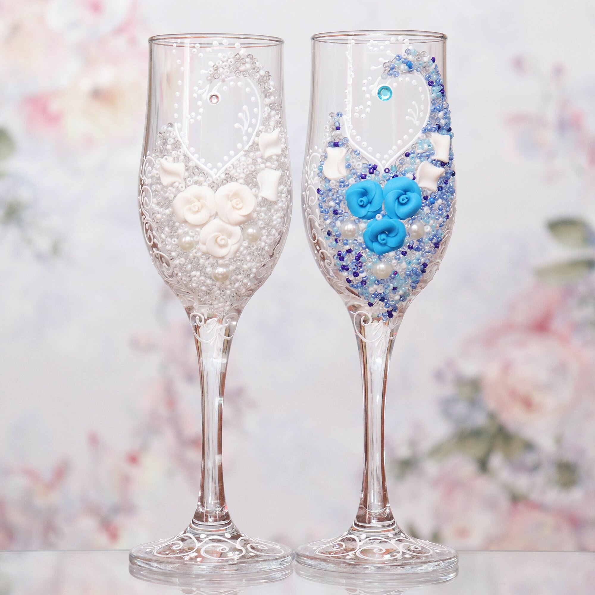 Свадебные бокалы для шампанского "Сердце Бело Голубое" из Гусь Хрустального