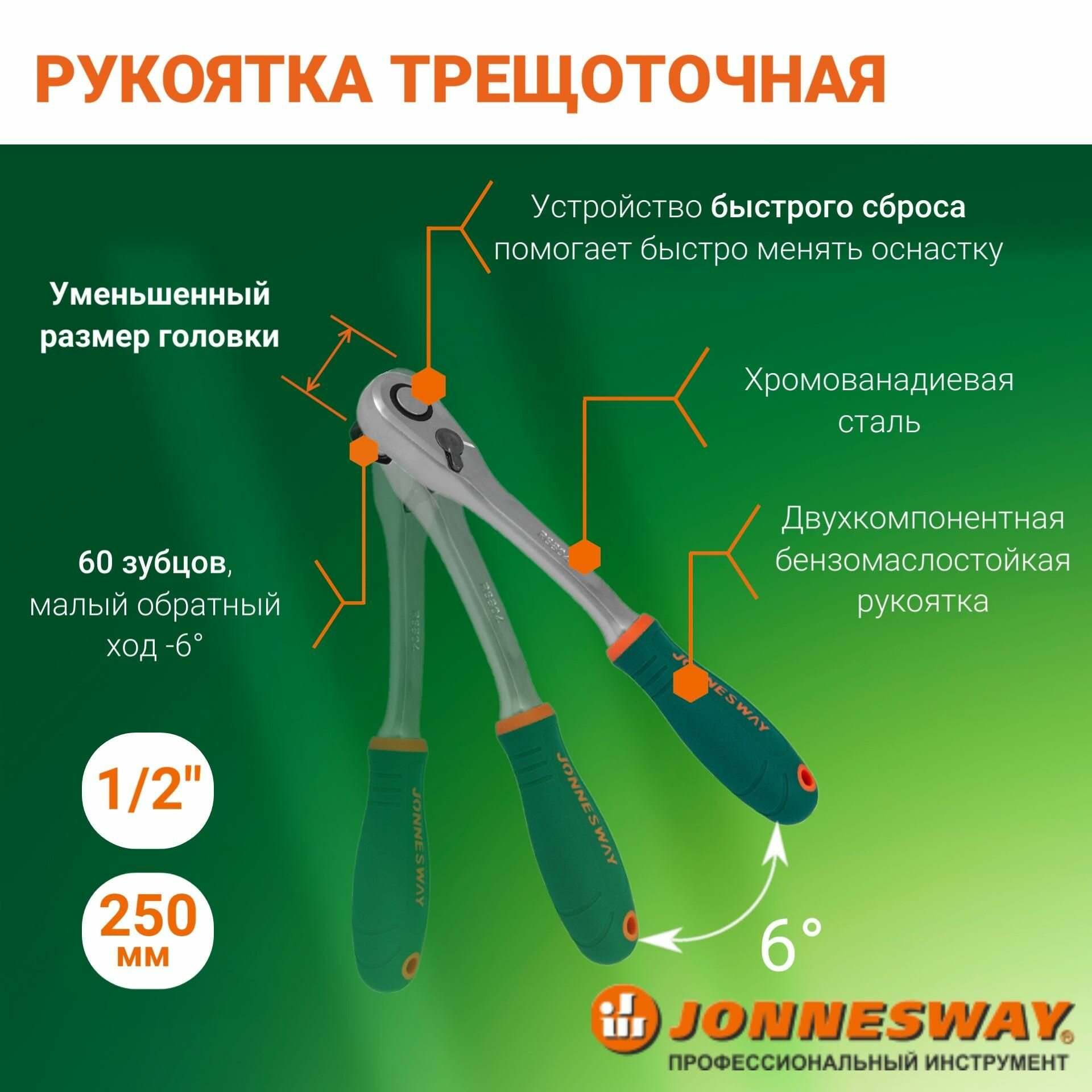 Трещотка Jonnesway 1/2"DR, 60 зубцов, 250 мм, R6804