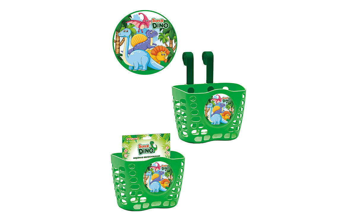 Велокорзина TRIX Super Dino детская 12"-16", крепление на руль, 190х125х140мм, пластиковая, зеленая