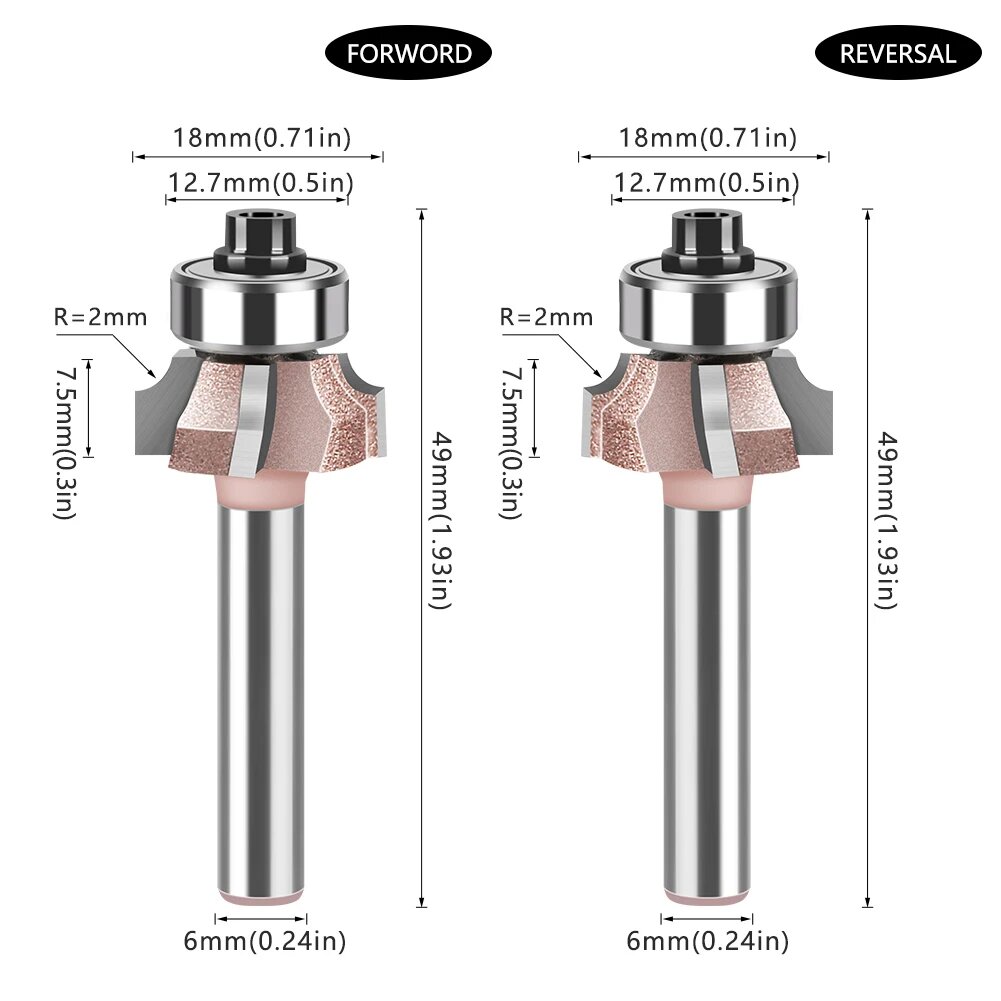 Хвостовик 6 мм, высокое качество, набор фрез с 4 канавками, передний и обратный деревообрабатывающий Фрезерный резак R1 R1.5 R2, Обрезной нож, кромка 2Pcs 6XR2 Shank