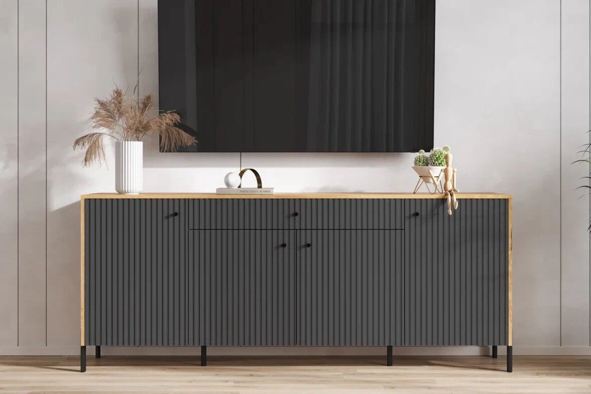 Комод "Оливия", МДФ рельефный. 2 метра. дуб крафт золотой/графит