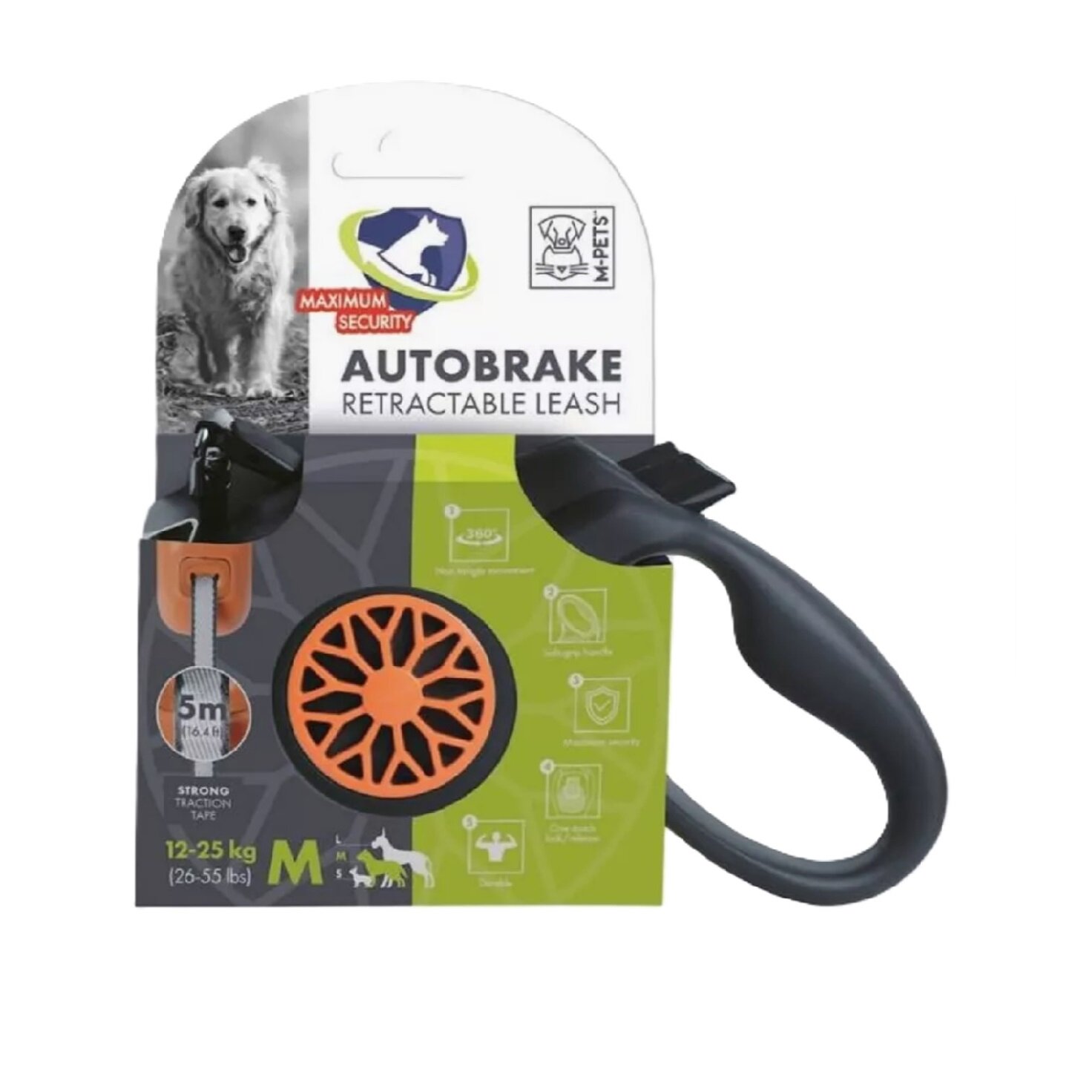 M-PETS Поводок-рулетка с автотормозом, 5м, до 12кг, оранжевый 17х12х6см