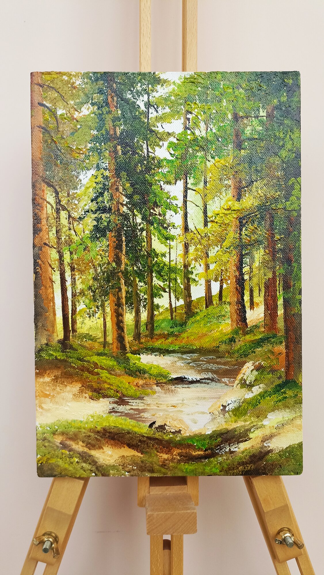 Живопись. Масло/холст. 100% ручная работа. Художественная мастерская Грëзы. Летний пейзаж. Сосновый лес. Река. 20х30 см