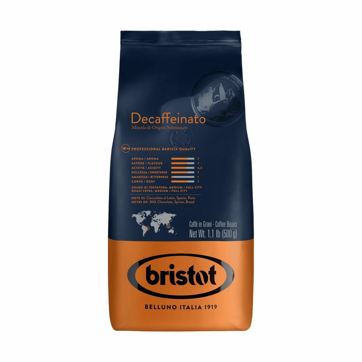 Bristot DECAFFEINATO кофе в зернах без кофеина 500г