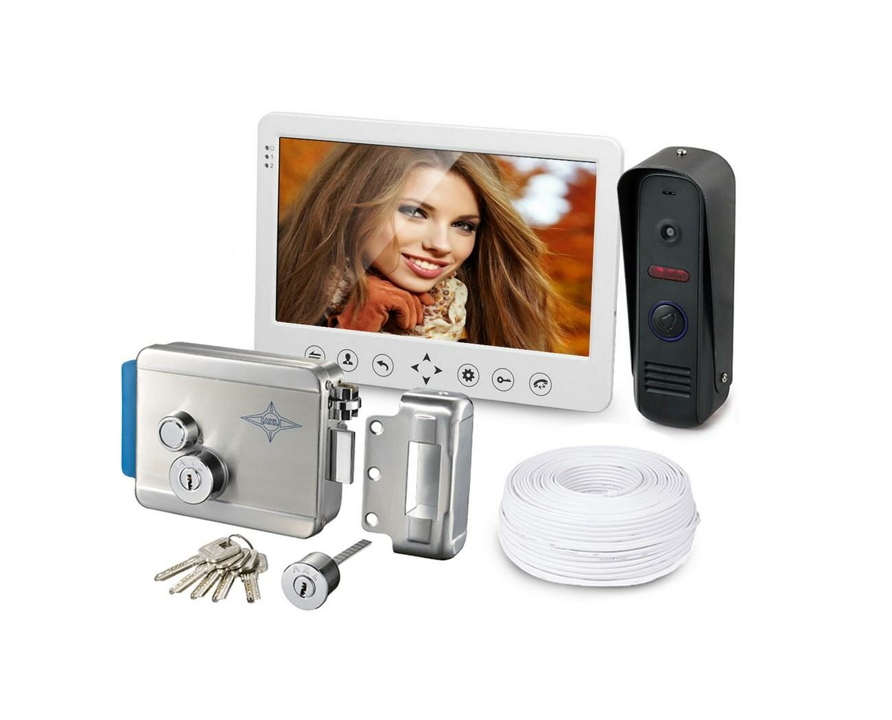 Набор (видеодомофон - замок) - HD ком W-(715) и Anxing-Lock-(091) (бел) электромеханический замок с домофоном для частного дома на калитку