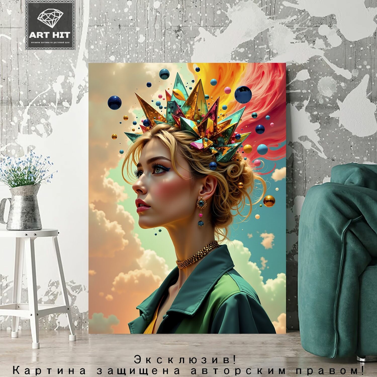 Картина с девушкой, девушка и геометрические фигуры 60х80 см.