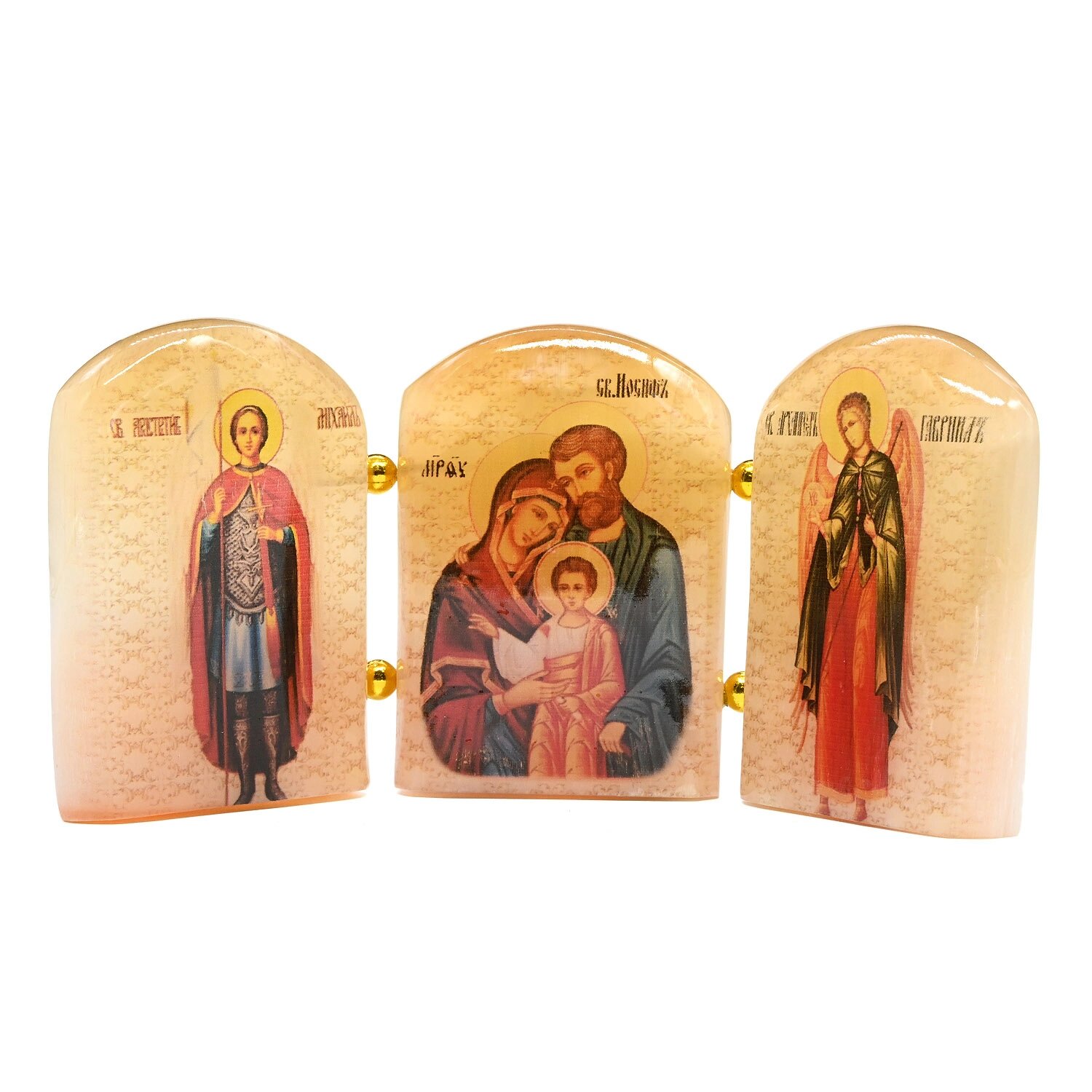Икона из селенита триптих Святое семейство (Святые Мария, Иисус и Иосиф) с Архангелами 135*65мм