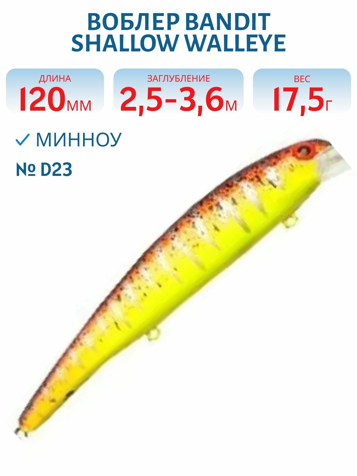 Воблер BANDIT SHALLOW WALLEYE, 120 мм, 17,5 гр, цвет D23