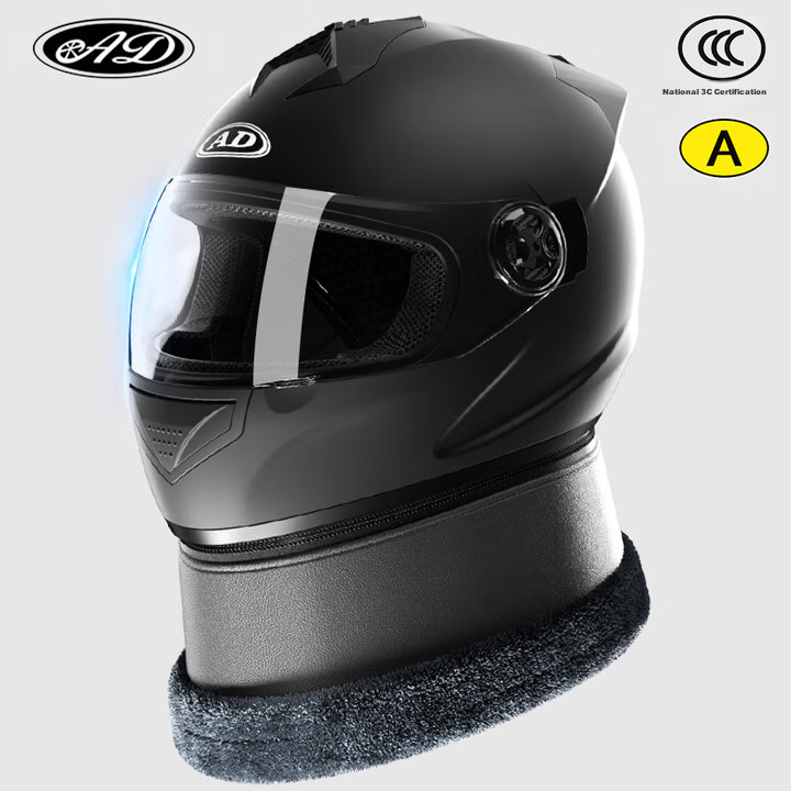 AD Helmet, Electric Vehicle 3C Certified, New National Standard, Men's And Women's Class A Neck Gaiter Style, Full-Face Helmet, Winter Anti-Freeze, Thickened, Warm, Windproof, for Electric Scooters And Motorcycles, Safety Helmet, 176 Matte Black